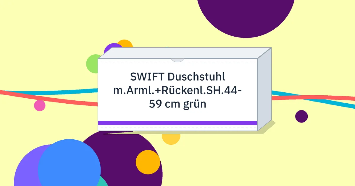 Symbolbild: Packung mit der Aufschrift SWIFT Duschstuhl m.Arml.+Rückenl.SH.44-59 cm grün (PZN 07743632) – Verfügbarkeit und Bezug in Apotheken in Frankfurt am Main