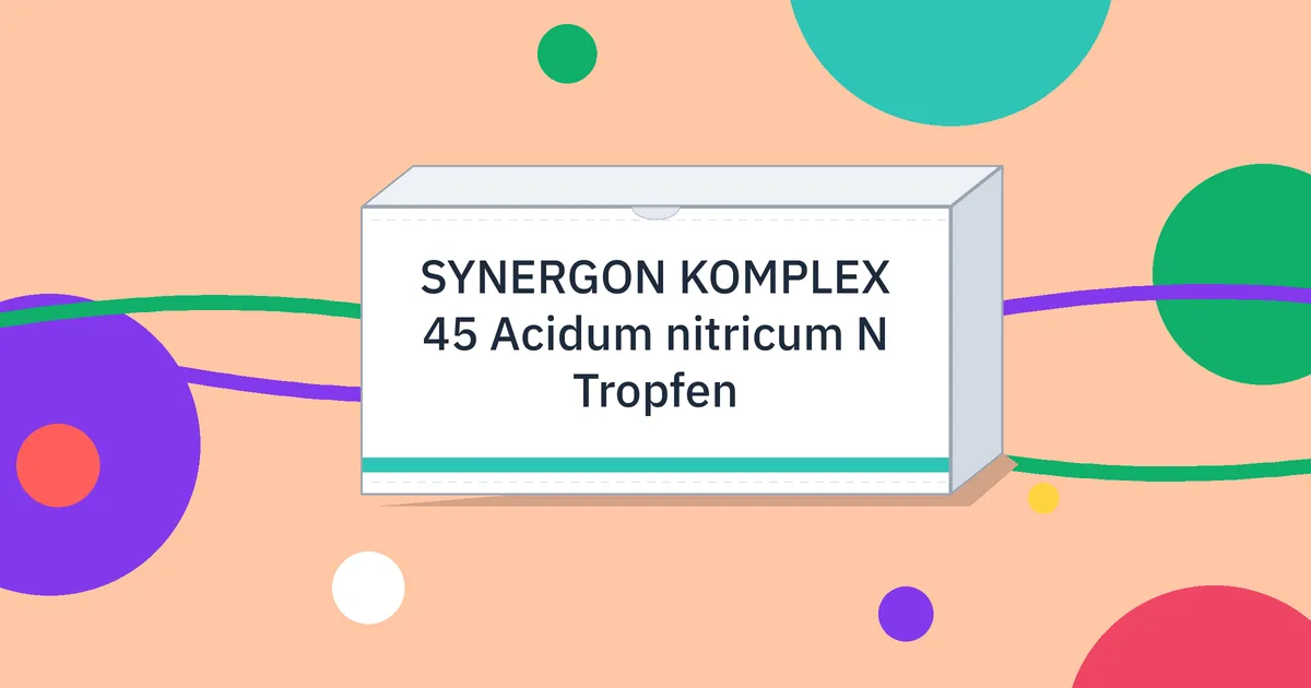 Symbolbild: Packung mit der Aufschrift SYNERGON KOMPLEX 45 Acidum nitricum N Tropfen (PZN 03574747) – Verfügbarkeit und Bezug in Apotheken in Frankfurt am Main