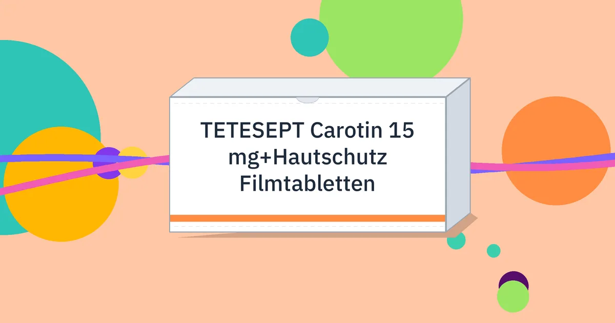 Symbolbild: Packung mit der Aufschrift TETESEPT Carotin 15 mg+Hautschutz Filmtabletten (PZN 12668648) – Verfügbarkeit und Bezug in Apotheken in Frankfurt am Main