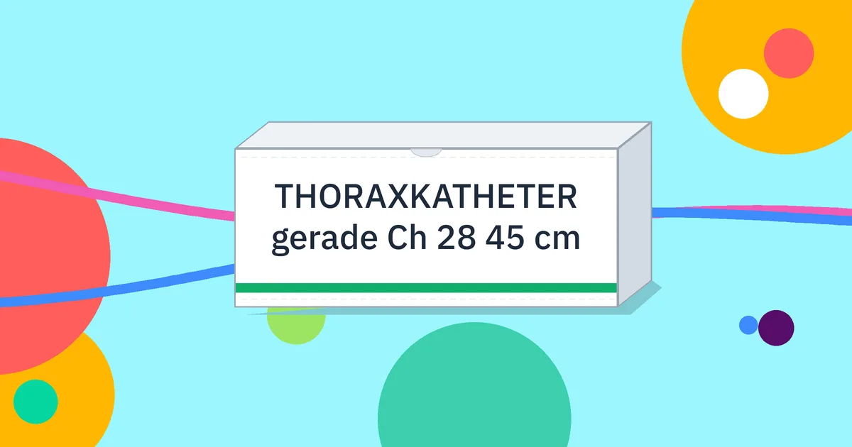 Symbolbild: Packung mit der Aufschrift THORAXKATHETER gerade Ch 28 45 cm (PZN 03049194) – Verfügbarkeit und Bezug in Apotheken in Frankfurt am Main