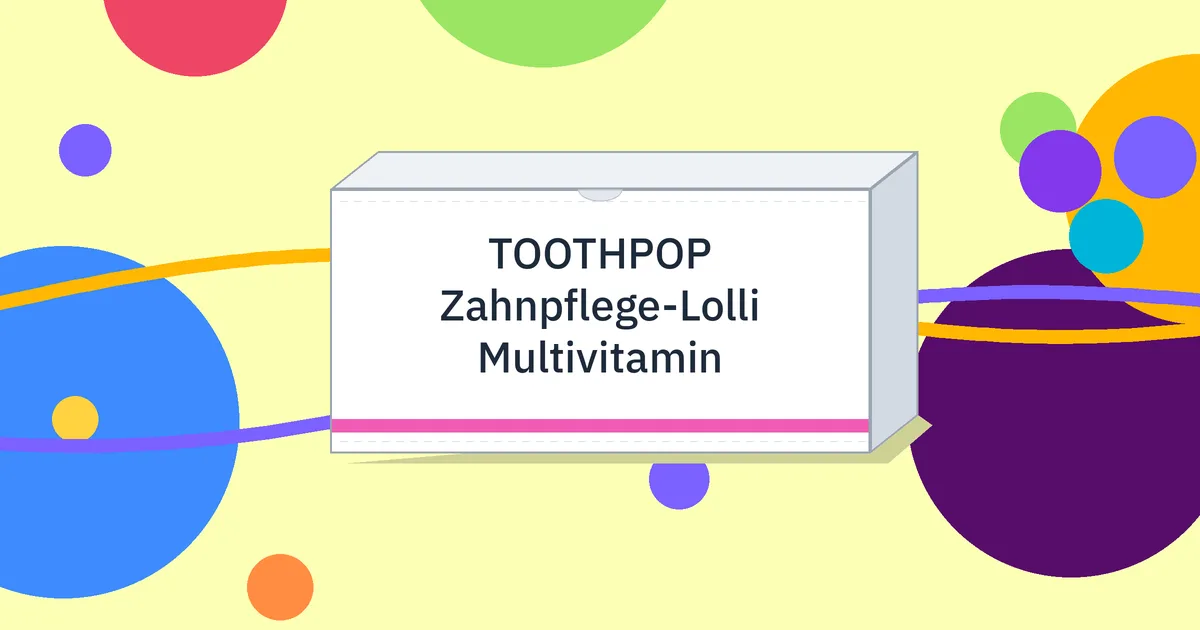 Symbolbild: Packung mit der Aufschrift TOOTHPOP Zahnpflege-Lolli Multivitamin (PZN 15609959) – Verfügbarkeit und Bezug in Apotheken in Frankfurt am Main