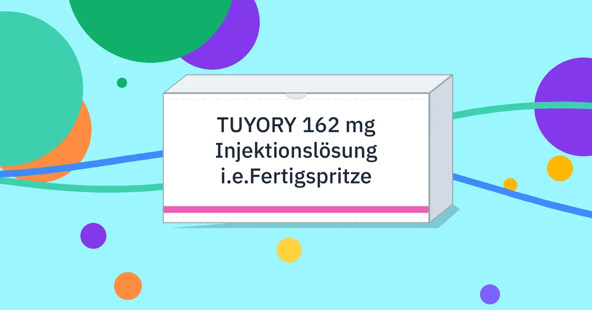 Symbolbild: Packung mit der Aufschrift TUYORY 162 mg Injektionslösung i.e.Fertigspritze (PZN 20634669) – Verfügbarkeit und Bezug in Apotheken in Frankfurt am Main
