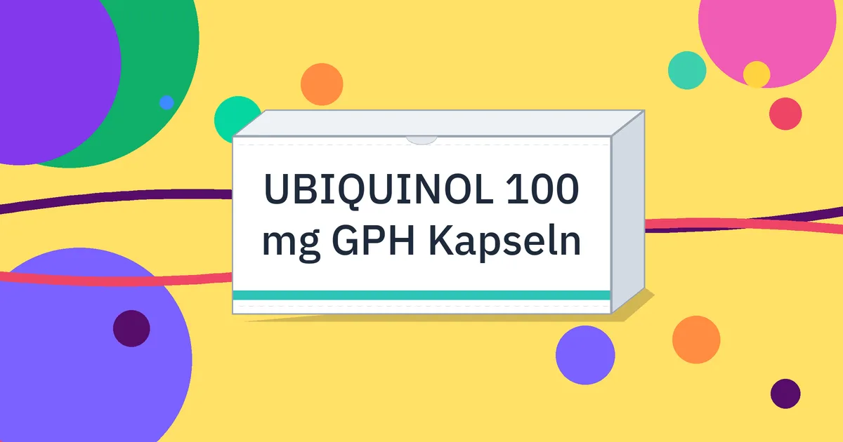 Symbolbild: Packung mit der Aufschrift UBIQUINOL 100 mg GPH Kapseln (PZN 16570538) – Verfügbarkeit und Bezug in Apotheken in Frankfurt am Main