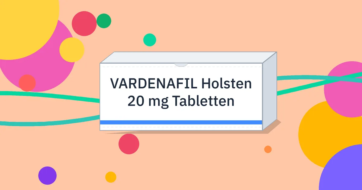 Symbolbild: Packung mit der Aufschrift VARDENAFIL Holsten 20 mg Tabletten (PZN 16826558) – Verfügbarkeit und Bezug in Apotheken in Frankfurt am Main