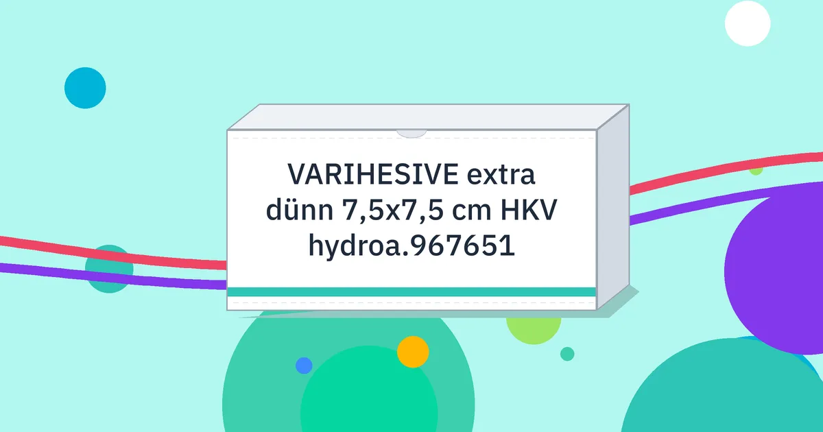 Symbolbild: Packung mit der Aufschrift VARIHESIVE extra dünn 7,5x7,5 cm HKV hydroa.967651 (PZN 09891615) – Verfügbarkeit und Bezug in Apotheken in Frankfurt am Main