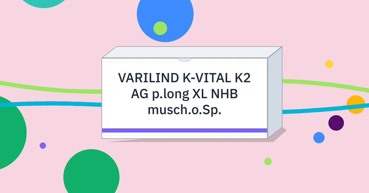 Symbolbild: Packung mit der Aufschrift VARILIND K-VITAL K2 AG p.long XL NHB musch.o.Sp. (PZN 20565767) – Verfügbarkeit und Bezug in Apotheken in Frankfurt am Main