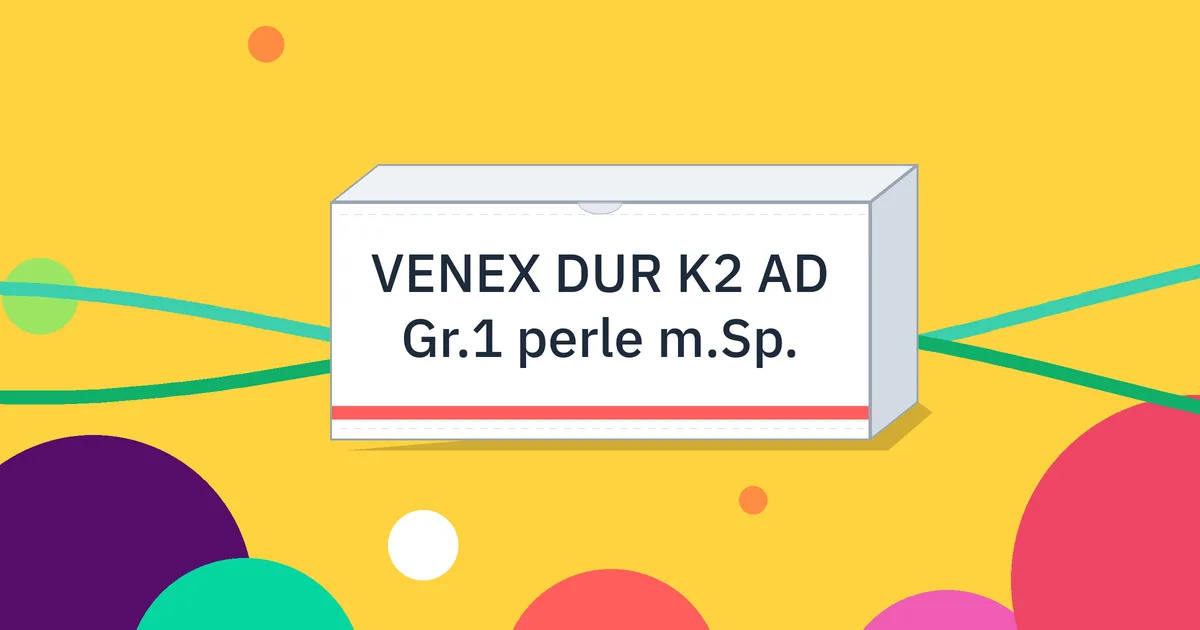 Symbolbild: Packung mit der Aufschrift VENEX DUR K2 AD Gr.1 perle m.Sp. (PZN 03208652) – Verfügbarkeit und Bezug in Apotheken in Frankfurt am Main