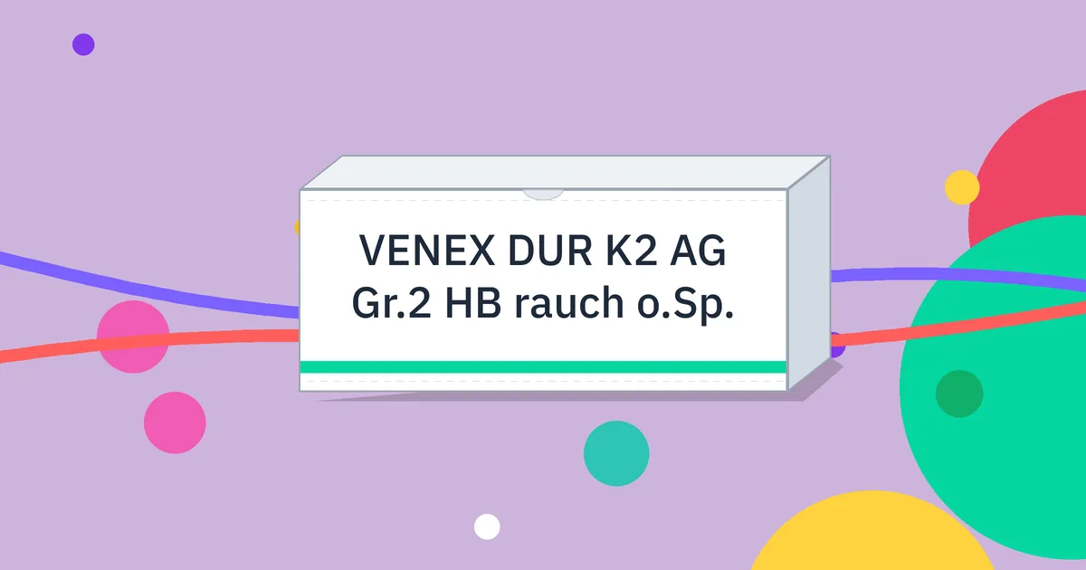 Symbolbild: Packung mit der Aufschrift VENEX DUR K2 AG Gr.2 HB rauch o.Sp. (PZN 03219555) – Verfügbarkeit und Bezug in Apotheken in Frankfurt am Main