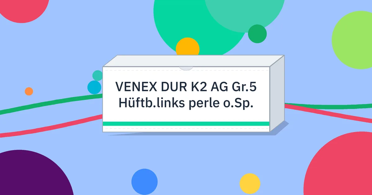 Symbolbild: Packung mit der Aufschrift VENEX DUR K2 AG Gr.5 Hüftb.links perle o.Sp. (PZN 03231160) – Verfügbarkeit und Bezug in Apotheken in Frankfurt am Main