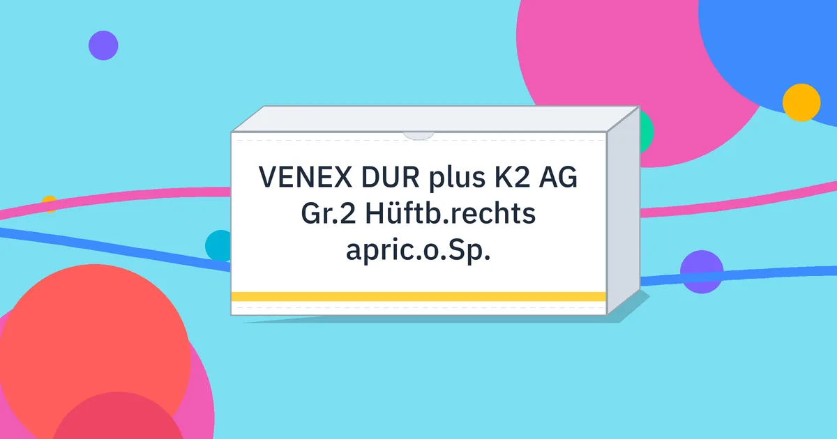 Symbolbild: Packung mit der Aufschrift VENEX DUR plus K2 AG Gr.2 Hüftb.rechts apric.o.Sp. (PZN 03242301) – Verfügbarkeit und Bezug in Apotheken in Frankfurt am Main