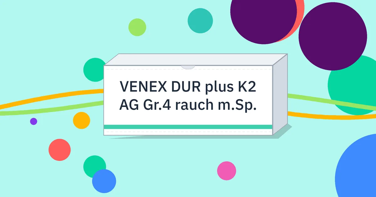 Symbolbild: Packung mit der Aufschrift VENEX DUR plus K2 AG Gr.4 rauch m.Sp. (PZN 03234684) – Verfügbarkeit und Bezug in Apotheken in Frankfurt am Main