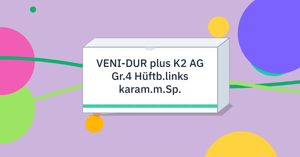 Symbolbild: Packung mit der Aufschrift VENI-DUR plus K2 AG Gr.4 Hüftb.links karam.m.Sp. (PZN 13760758) – Verfügbarkeit und Bezug in Apotheken in Frankfurt am Main
