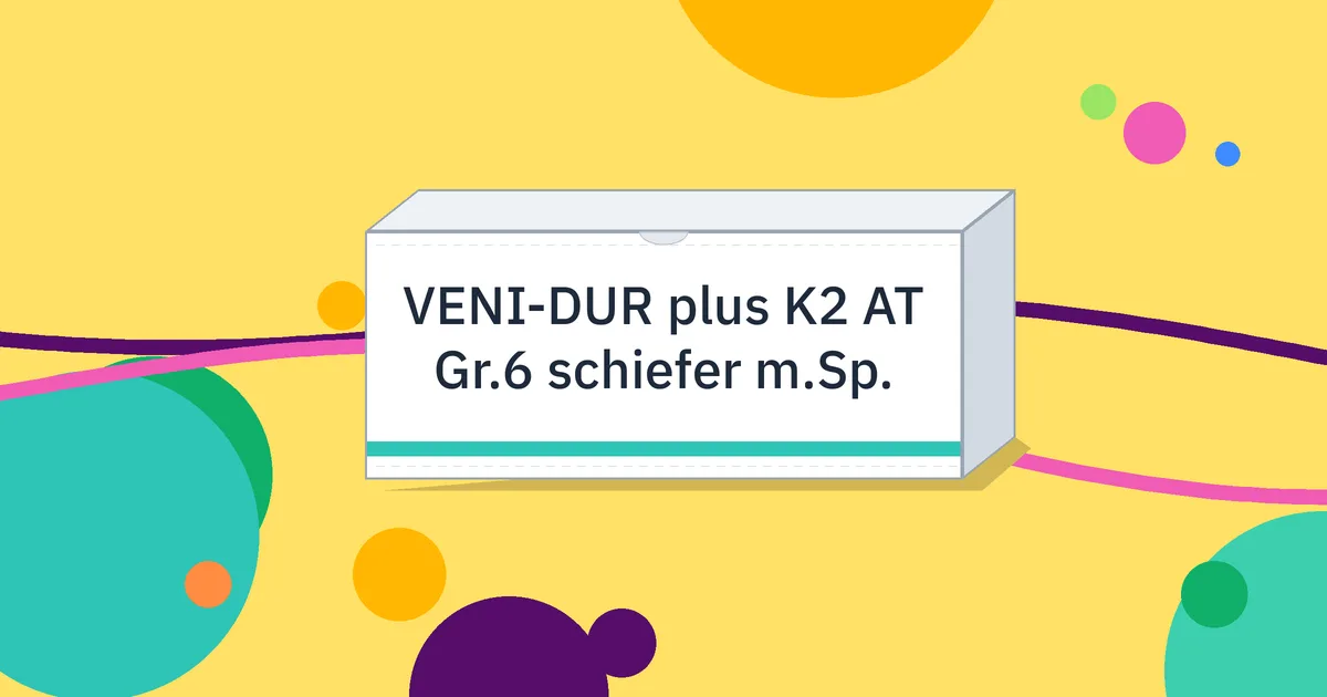 Symbolbild: Packung mit der Aufschrift VENI-DUR plus K2 AT Gr.6 schiefer m.Sp. (PZN 03255396) – Verfügbarkeit und Bezug in Apotheken in Frankfurt am Main