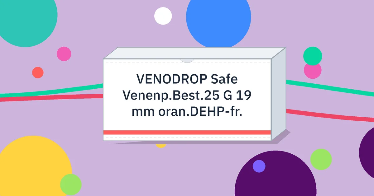 Symbolbild: Packung mit der Aufschrift VENODROP Safe Venenp.Best.25 G 19 mm oran.DEHP-fr. (PZN 15405151) – Verfügbarkeit und Bezug in Apotheken in Frankfurt am Main