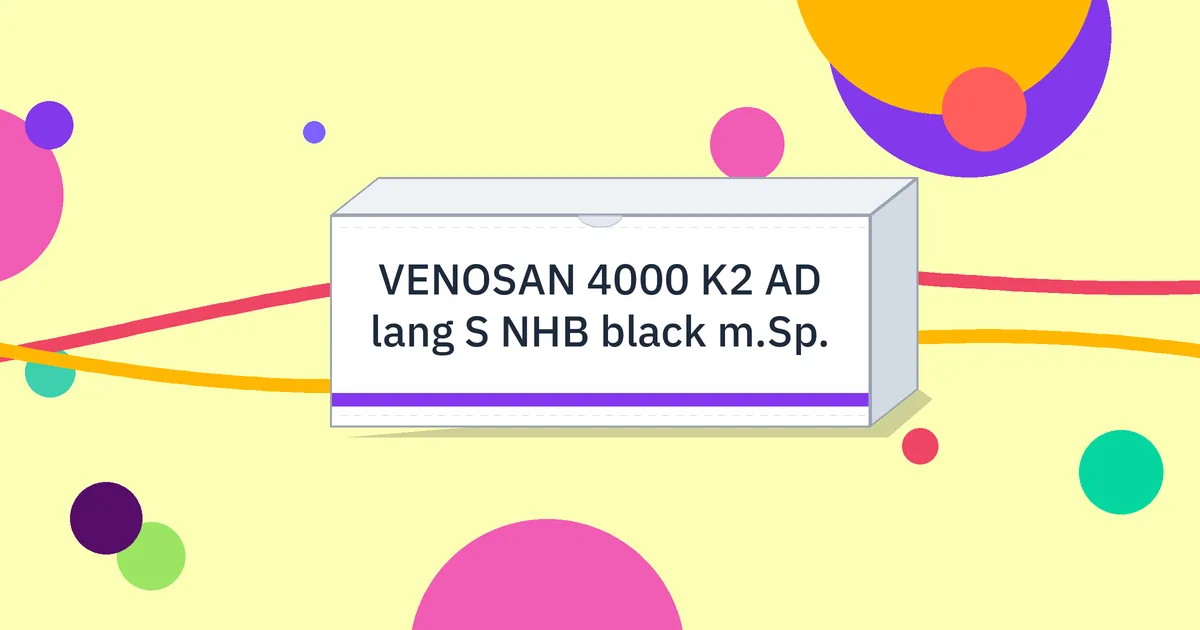 Symbolbild: Packung mit der Aufschrift VENOSAN 4000 K2 AD lang S NHB black m.Sp. (PZN 14427363) – Verfügbarkeit und Bezug in Apotheken in Frankfurt am Main