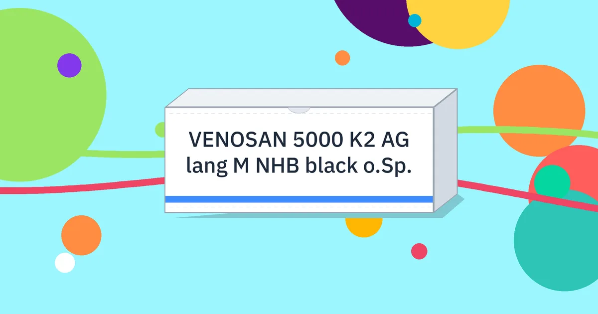 Symbolbild: Packung mit der Aufschrift VENOSAN 5000 K2 AG lang M NHB black o.Sp. (PZN 14433607) – Verfügbarkeit und Bezug in Apotheken in Frankfurt am Main