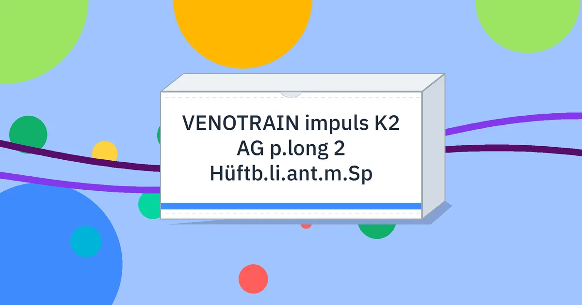 Symbolbild: Packung mit der Aufschrift VENOTRAIN impuls K2 AG p.long 2 Hüftb.li.ant.m.Sp (PZN 15219520) – Verfügbarkeit und Bezug in Apotheken in Frankfurt am Main