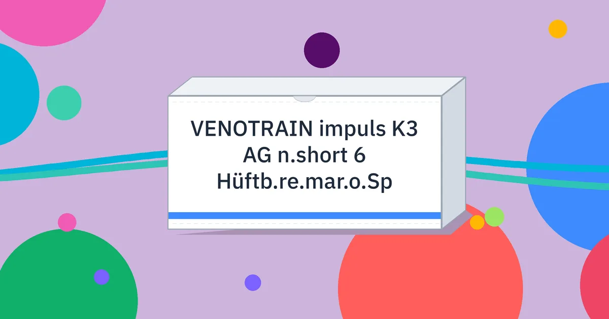 Symbolbild: Packung mit der Aufschrift VENOTRAIN impuls K3 AG n.short 6 Hüftb.re.mar.o.Sp (PZN 15217863) – Verfügbarkeit und Bezug in Apotheken in Frankfurt am Main