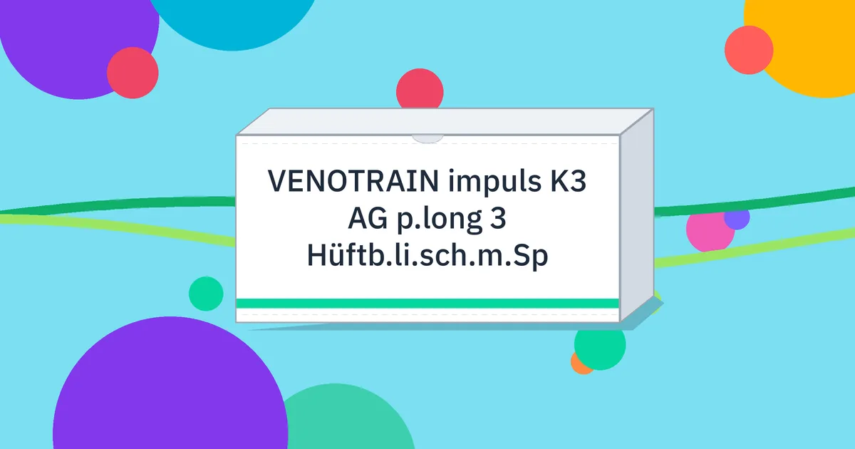 Symbolbild: Packung mit der Aufschrift VENOTRAIN impuls K3 AG p.long 3 Hüftb.li.sch.m.Sp (PZN 10295806) – Verfügbarkeit und Bezug in Apotheken in Frankfurt am Main