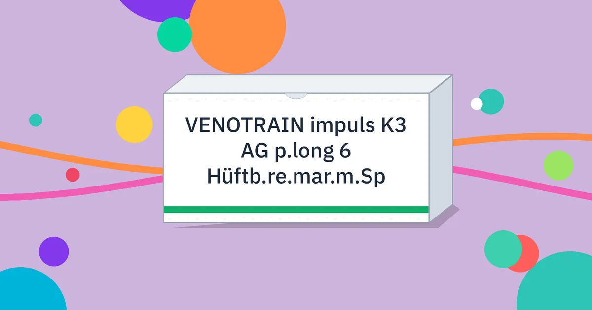 Symbolbild: Packung mit der Aufschrift VENOTRAIN impuls K3 AG p.long 6 Hüftb.re.mar.m.Sp (PZN 15217805) – Verfügbarkeit und Bezug in Apotheken in Frankfurt am Main