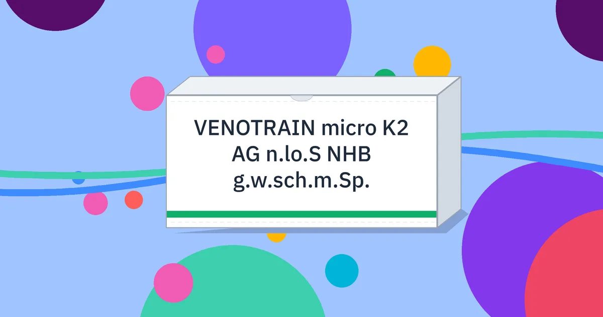 Symbolbild: Packung mit der Aufschrift VENOTRAIN micro K2 AG n.lo.S NHB g.w.sch.m.Sp. (PZN 09021676) – Verfügbarkeit und Bezug in Apotheken in Frankfurt am Main