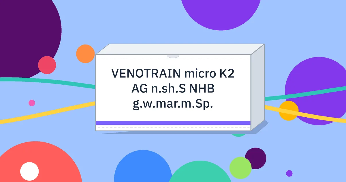 Symbolbild: Packung mit der Aufschrift VENOTRAIN micro K2 AG n.sh.S NHB g.w.mar.m.Sp. (PZN 09035715) – Verfügbarkeit und Bezug in Apotheken in Frankfurt am Main