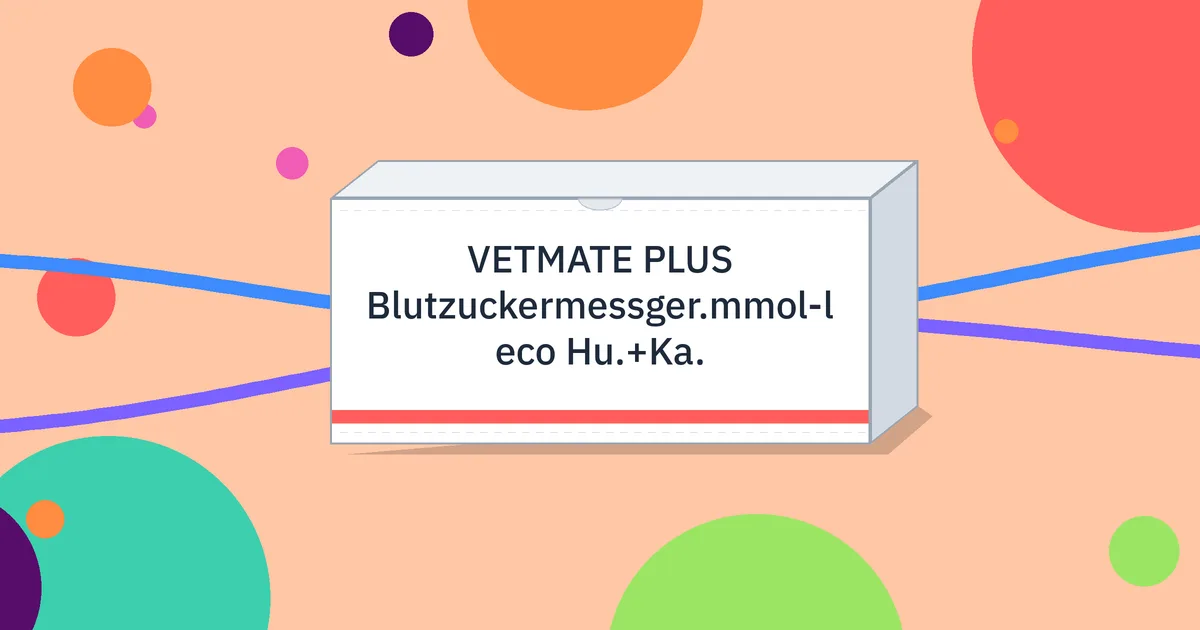 Symbolbild: Packung mit der Aufschrift VETMATE PLUS Blutzuckermessger.mmol-l eco Hu.+Ka. (PZN 13971573) – Verfügbarkeit und Bezug in Apotheken in Frankfurt am Main