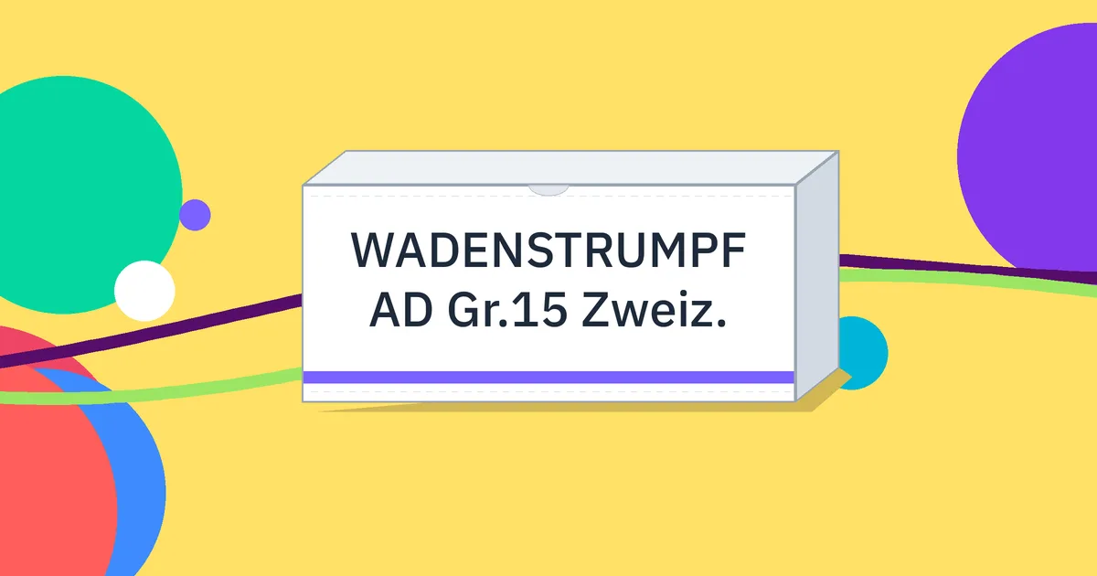 Symbolbild: Packung mit der Aufschrift WADENSTRUMPF AD Gr.15 Zweiz. (PZN 02007928) – Verfügbarkeit und Bezug in Apotheken in Frankfurt am Main
