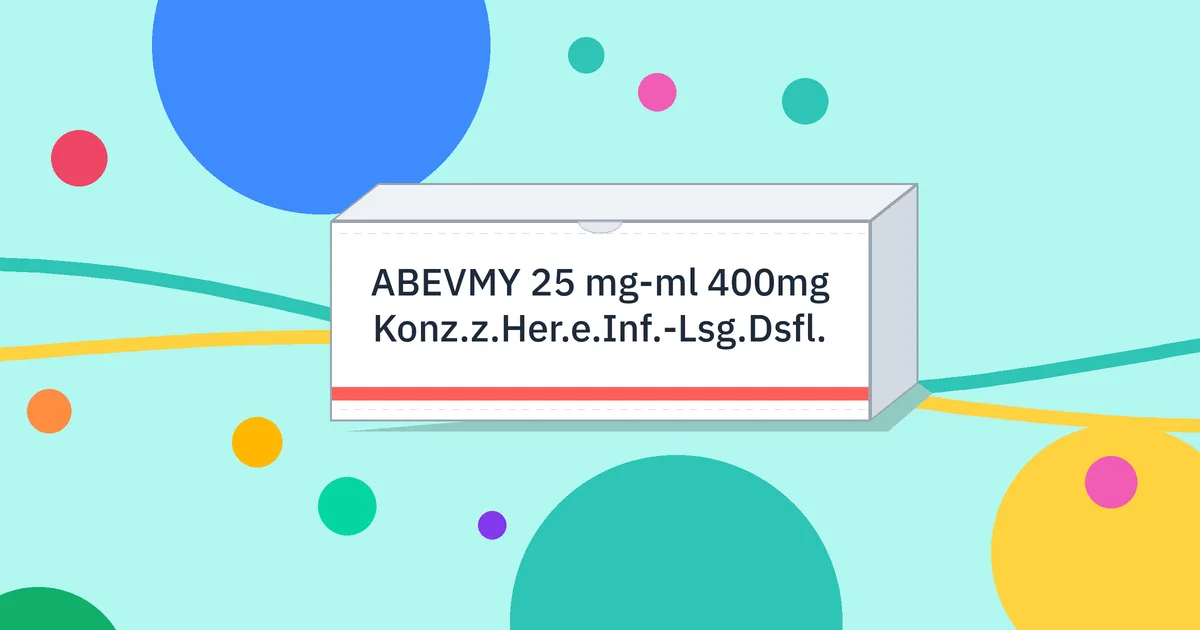 Symbolbild: Packung mit der Aufschrift ABEVMY 25 mg-ml 400mg Konz.z.Her.e.Inf.-Lsg.Dsfl. (PZN 17150502) – Verfügbarkeit und Bezug in Apotheken in Frankfurt am Main