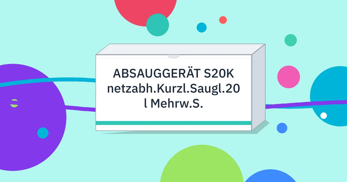 Symbolbild: Packung mit der Aufschrift ABSAUGGERÄT S20K netzabh.Kurzl.Saugl.20 l Mehrw.S. (PZN 05134449) – Verfügbarkeit und Bezug in Apotheken in Frankfurt am Main