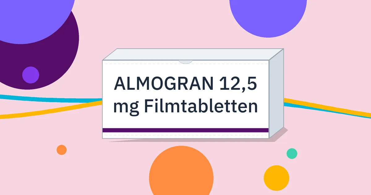Symbolbild: Packung mit der Aufschrift ALMOGRAN 12,5 mg Filmtabletten (PZN 06195743) – Verfügbarkeit und Bezug in Apotheken in Frankfurt am Main