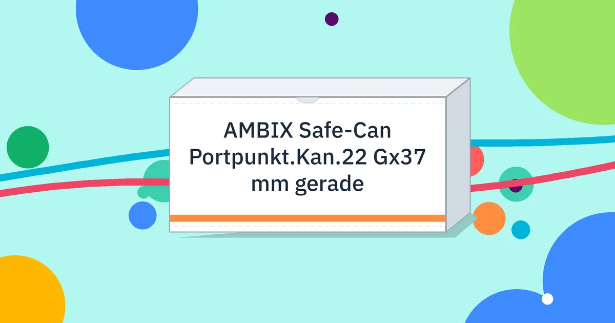 Symbolbild: Packung mit der Aufschrift AMBIX Safe-Can Portpunkt.Kan.22 Gx37 mm gerade (PZN 13968996) – Verfügbarkeit und Bezug in Apotheken in Frankfurt am Main
