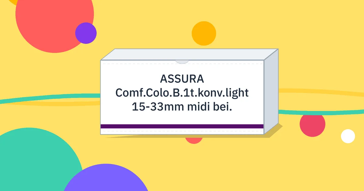Symbolbild: Packung mit der Aufschrift ASSURA Comf.Colo.B.1t.konv.light 15-33mm midi bei. (PZN 04011696) – Verfügbarkeit und Bezug in Apotheken in Frankfurt am Main