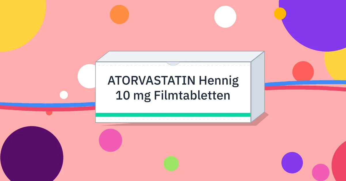 Symbolbild: Packung mit der Aufschrift ATORVASTATIN Hennig 10 mg Filmtabletten (PZN 09533235) – Verfügbarkeit und Bezug in Apotheken in Frankfurt am Main