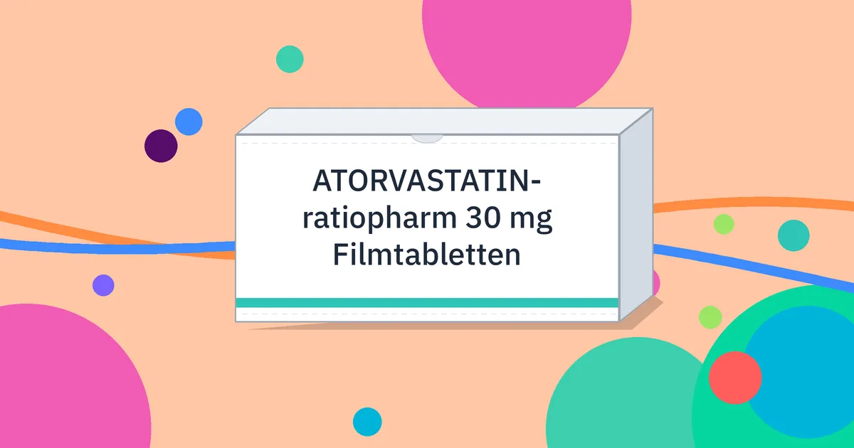 Symbolbild: Packung mit der Aufschrift ATORVASTATIN-ratiopharm 30 mg Filmtabletten (PZN 09292837) – Verfügbarkeit und Bezug in Apotheken in Frankfurt am Main