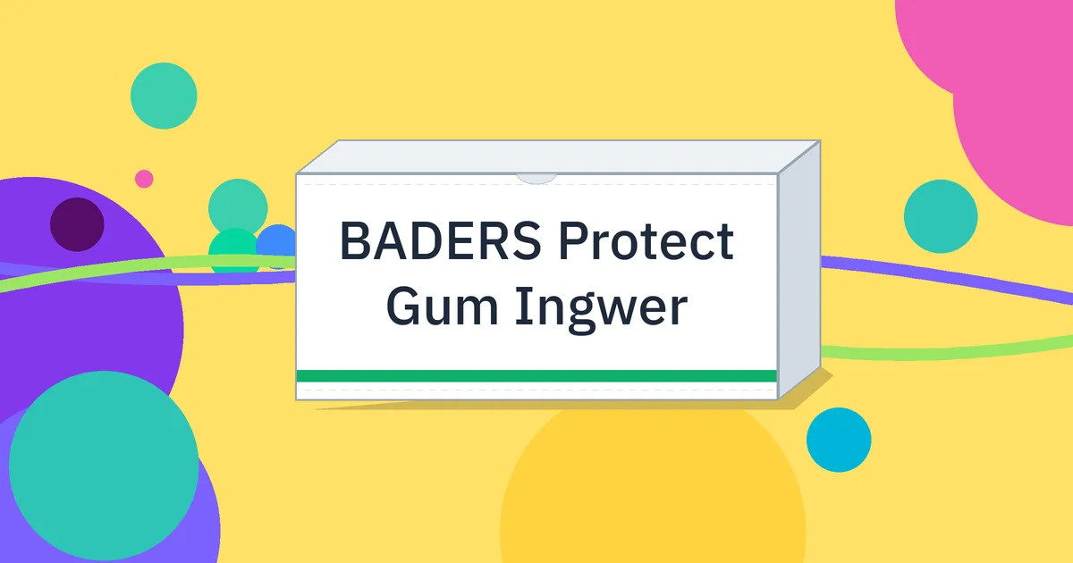 Symbolbild: Packung mit der Aufschrift BADERS Protect Gum Ingwer (PZN 16885845) – Verfügbarkeit und Bezug in Apotheken in Frankfurt am Main
