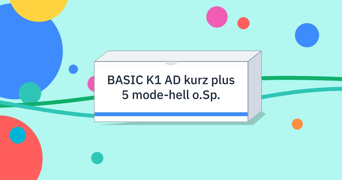 Symbolbild: Packung mit der Aufschrift BASIC K1 AD kurz plus 5 mode-hell o.Sp. (PZN 20258841) – Verfügbarkeit und Bezug in Apotheken in Frankfurt am Main