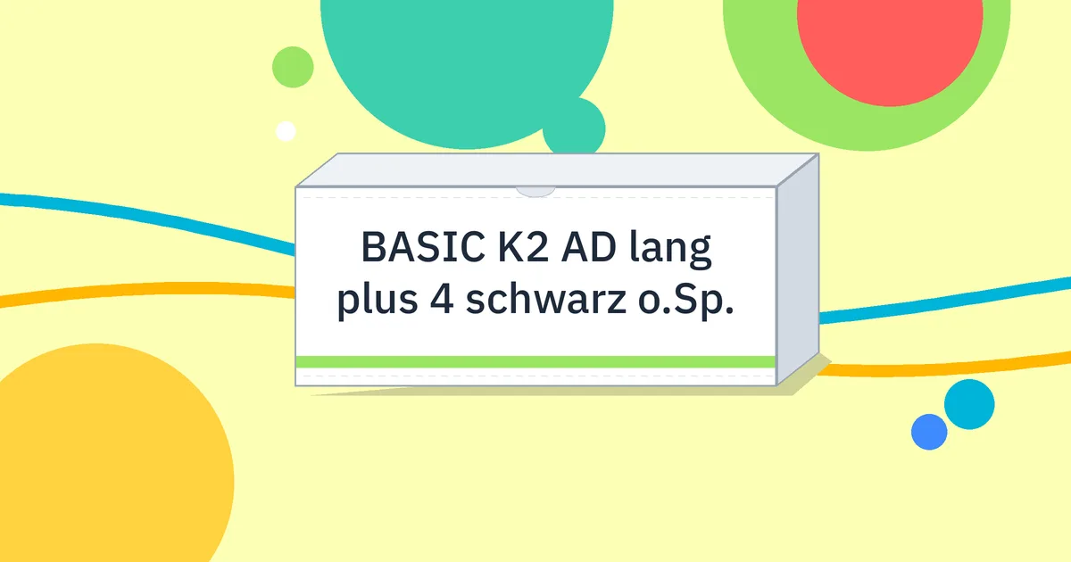 Symbolbild: Packung mit der Aufschrift BASIC K2 AD lang plus 4 schwarz o.Sp. (PZN 20264770) – Verfügbarkeit und Bezug in Apotheken in Frankfurt am Main