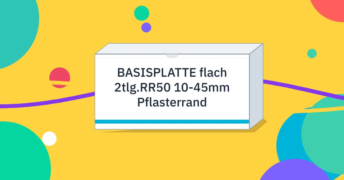 Symbolbild: Packung mit der Aufschrift BASISPLATTE flach 2tlg.RR50 10-45mm Pflasterrand (PZN 10636934) – Verfügbarkeit und Bezug in Apotheken in Frankfurt am Main
