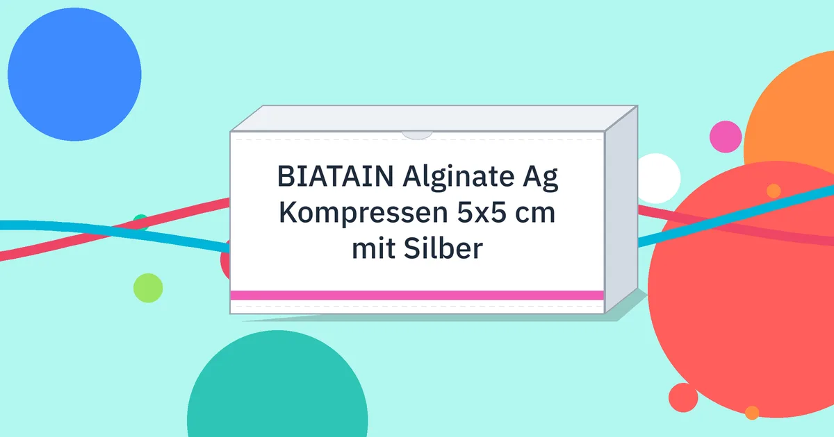 Symbolbild: Packung mit der Aufschrift BIATAIN Alginate Ag Kompressen 5x5 cm mit Silber (PZN 12653581) – Verfügbarkeit und Bezug in Apotheken in Frankfurt am Main