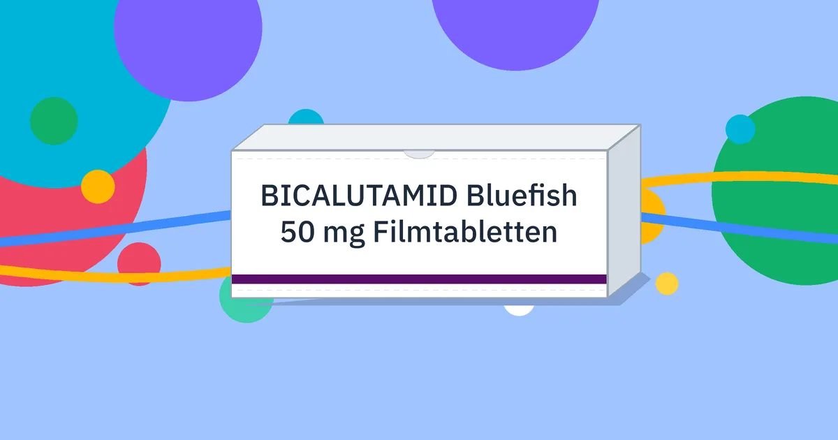 Symbolbild: Packung mit der Aufschrift BICALUTAMID Bluefish 50 mg Filmtabletten (PZN 03639955) – Verfügbarkeit und Bezug in Apotheken in Frankfurt am Main