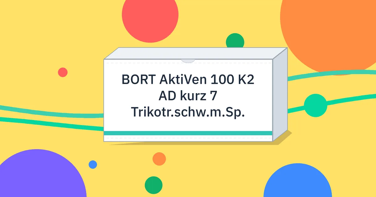 Symbolbild: Packung mit der Aufschrift BORT AktiVen 100 K2 AD kurz 7 Trikotr.schw.m.Sp. (PZN 14386859) – Verfügbarkeit und Bezug in Apotheken in Frankfurt am Main
