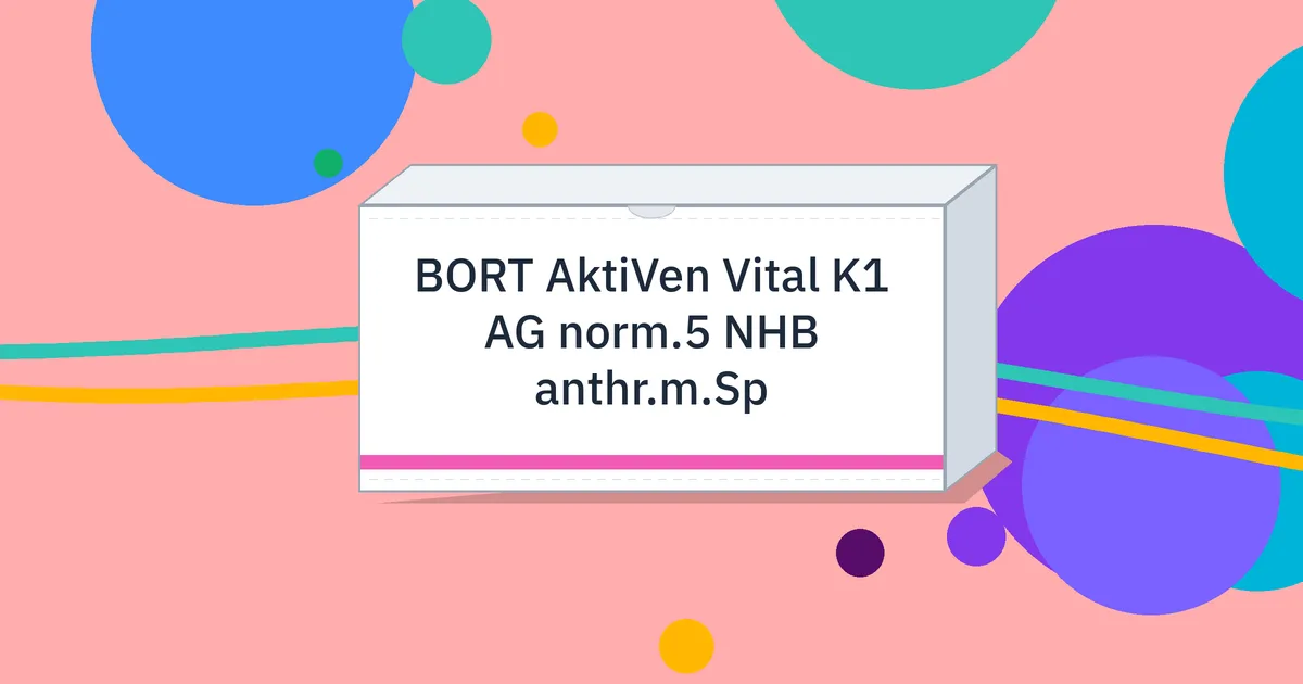 Symbolbild: Packung mit der Aufschrift BORT AktiVen Vital K1 AG norm.5 NHB anthr.m.Sp (PZN 13733856) – Verfügbarkeit und Bezug in Apotheken in Frankfurt am Main