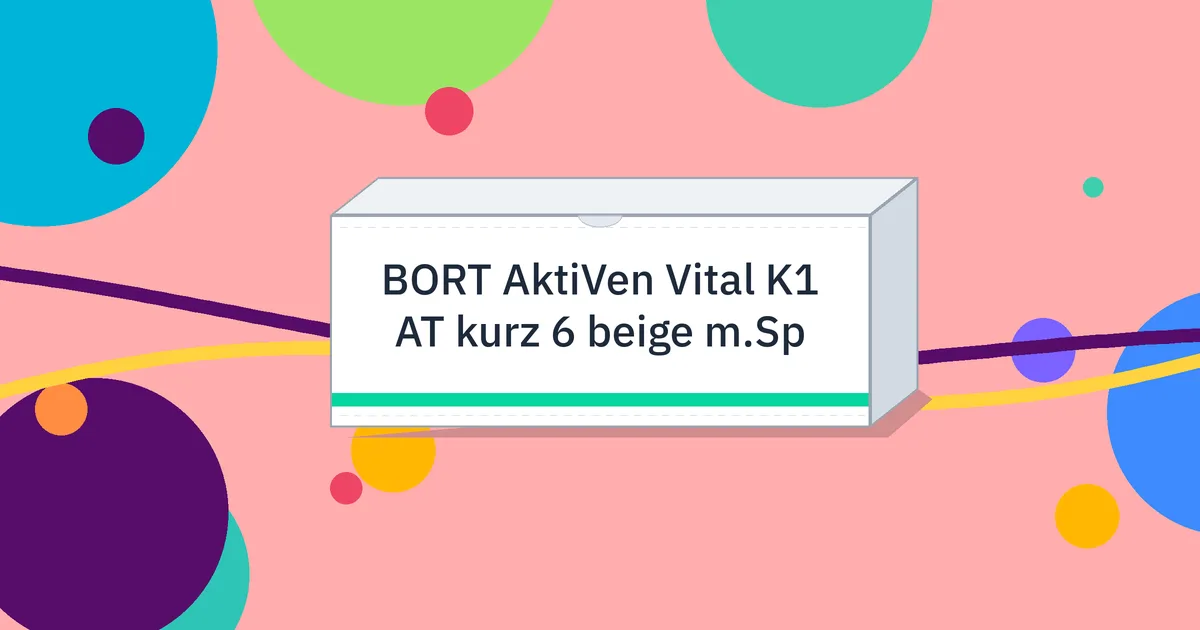 Symbolbild: Packung mit der Aufschrift BORT AktiVen Vital K1 AT kurz 6 beige m.Sp (PZN 13738575) – Verfügbarkeit und Bezug in Apotheken in Frankfurt am Main