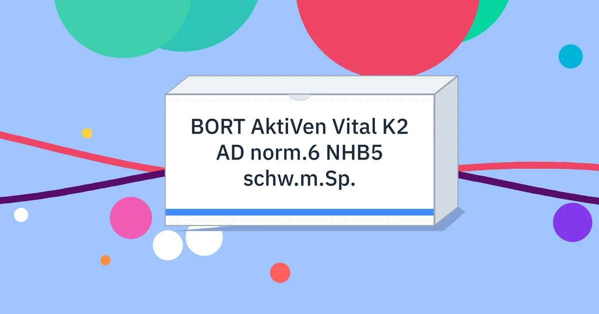 Symbolbild: Packung mit der Aufschrift BORT AktiVen Vital K2 AD norm.6 NHB5 schw.m.Sp. (PZN 17493320) – Verfügbarkeit und Bezug in Apotheken in Frankfurt am Main