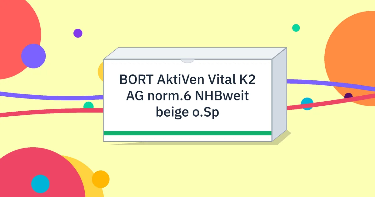 Symbolbild: Packung mit der Aufschrift BORT AktiVen Vital K2 AG norm.6 NHBweit beige o.Sp (PZN 13731610) – Verfügbarkeit und Bezug in Apotheken in Frankfurt am Main