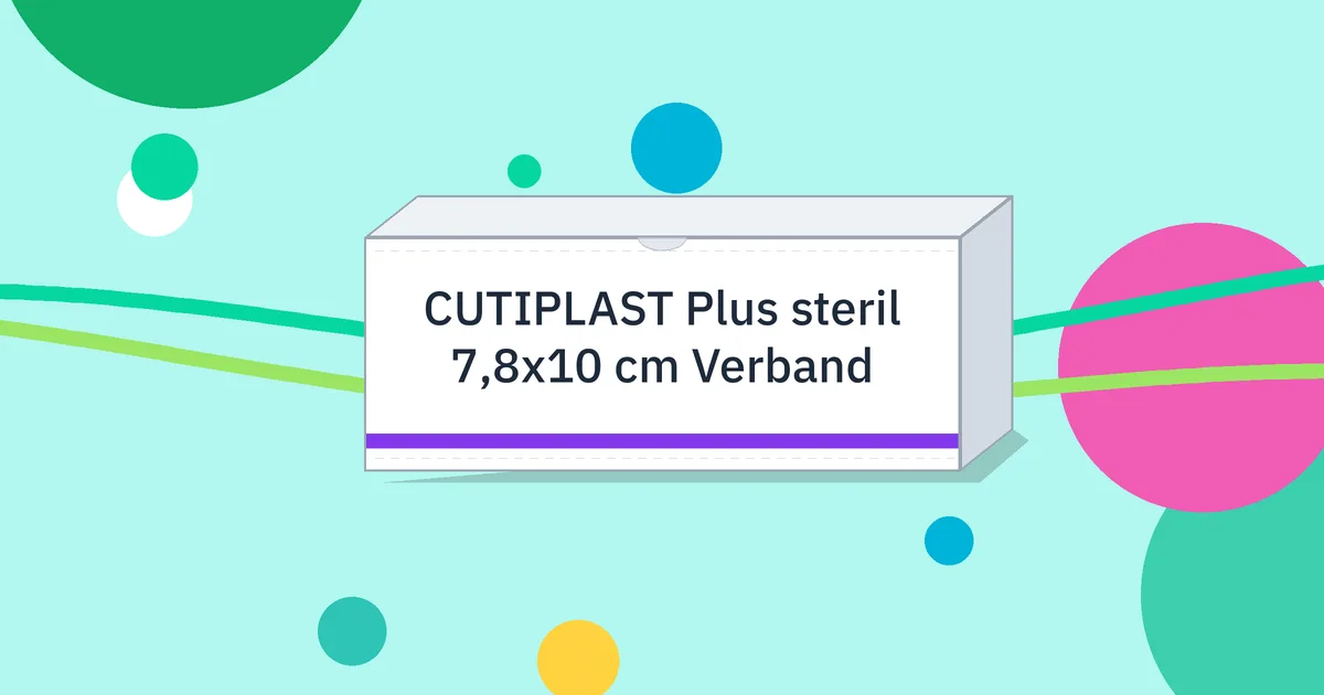 Symbolbild: Packung mit der Aufschrift CUTIPLAST Plus steril 7,8x10 cm Verband (PZN 14032191) – Verfügbarkeit und Bezug in Apotheken in Frankfurt am Main