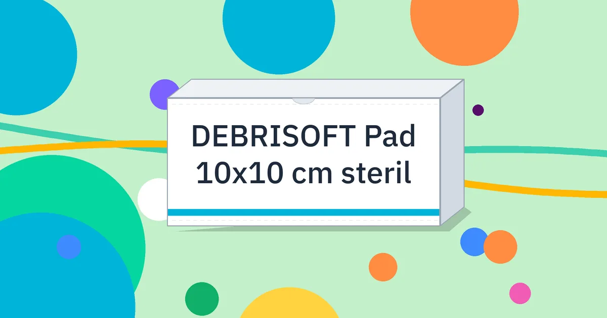Symbolbild: Packung mit der Aufschrift DEBRISOFT Pad 10x10 cm steril (PZN 19814449) – Verfügbarkeit und Bezug in Apotheken in Frankfurt am Main