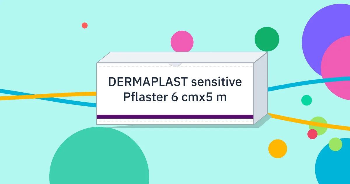 Symbolbild: Packung mit der Aufschrift DERMAPLAST sensitive Pflaster 6 cmx5 m (PZN 11606964) – Verfügbarkeit und Bezug in Apotheken in Frankfurt am Main