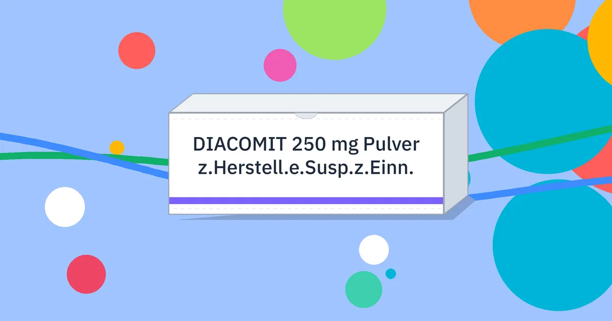 Symbolbild: Packung mit der Aufschrift DIACOMIT 250 mg Pulver z.Herstell.e.Susp.z.Einn. (PZN 00724933) – Verfügbarkeit und Bezug in Apotheken in Frankfurt am Main